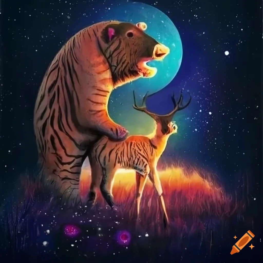 Abstract primitive art landscape with various animals under a moonlit ...