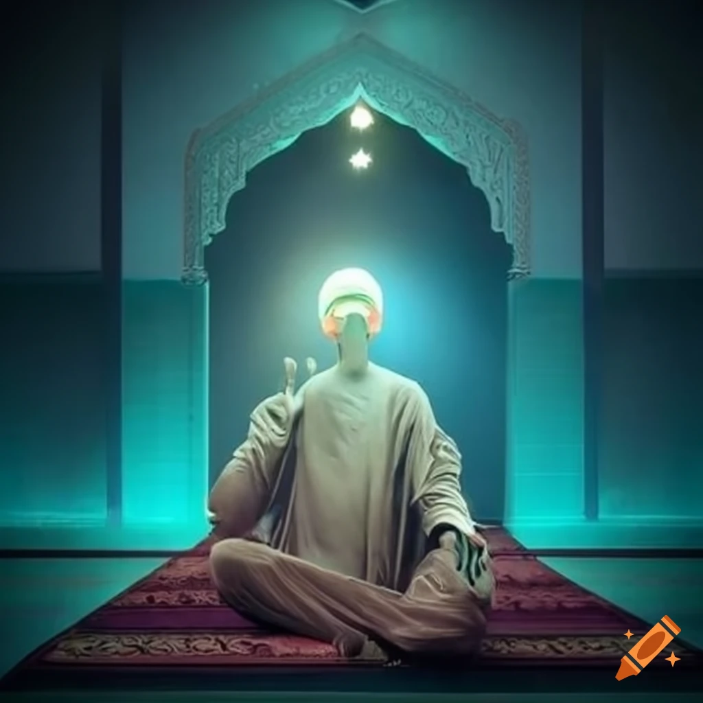 Alien at peace sitting in a mosque during prayer time on Craiyon