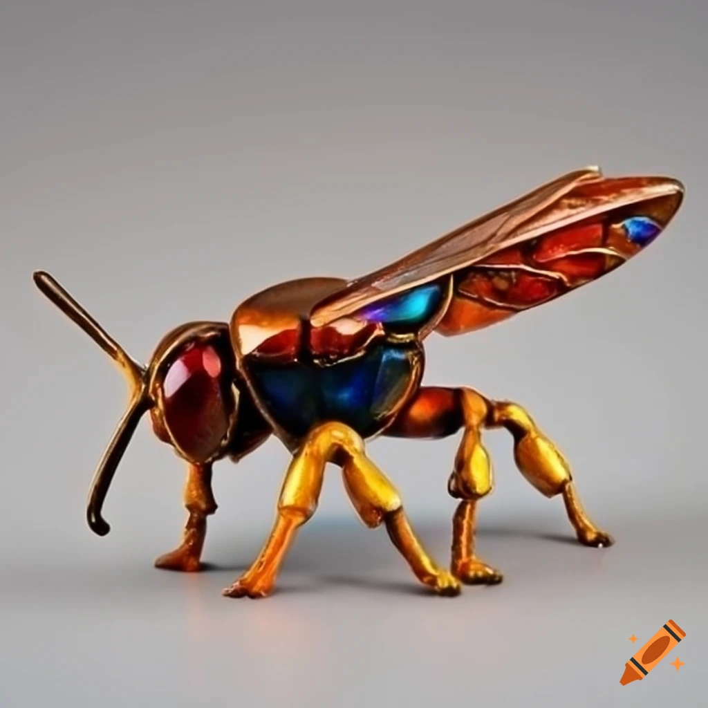 Bee Wasp made of copper metal with gemstone carvings in red, yellow ...