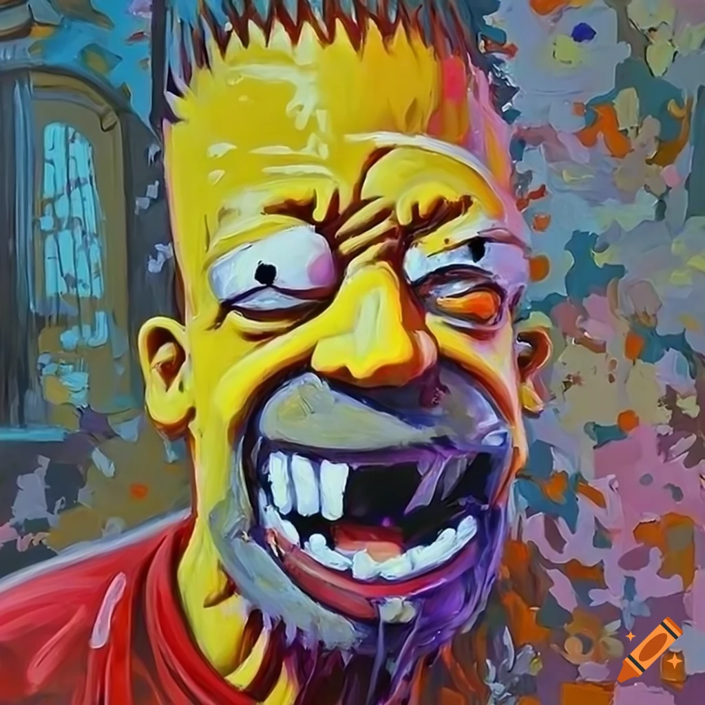 Laughing homer simpson in a gloomy decaying house oil painting on Craiyon