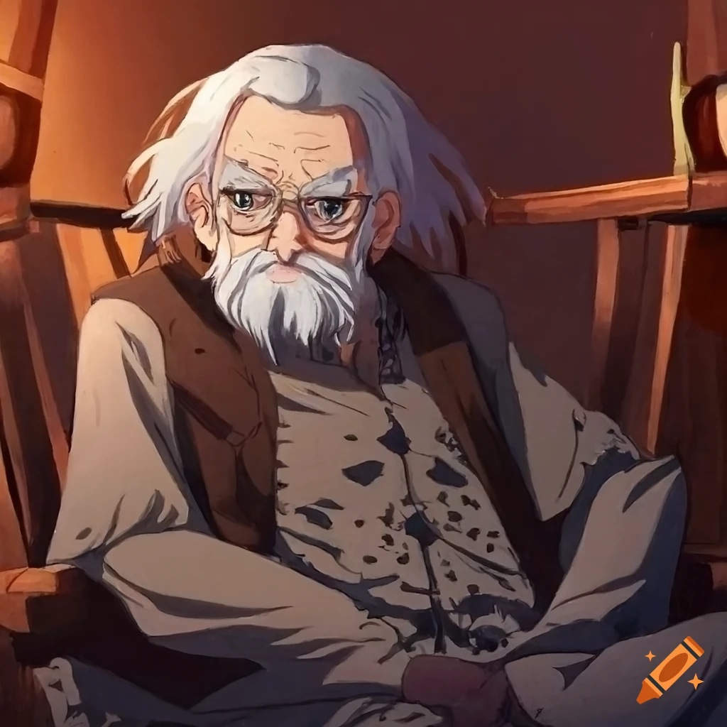 Old man with a wise expression sitting in a rocking chair on Craiyon