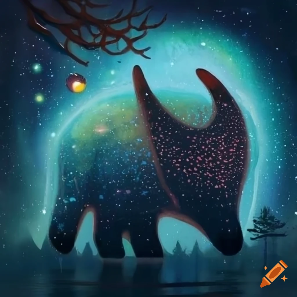 Abstract primitive art landscape with cosmos, milky way, taiga animals ...