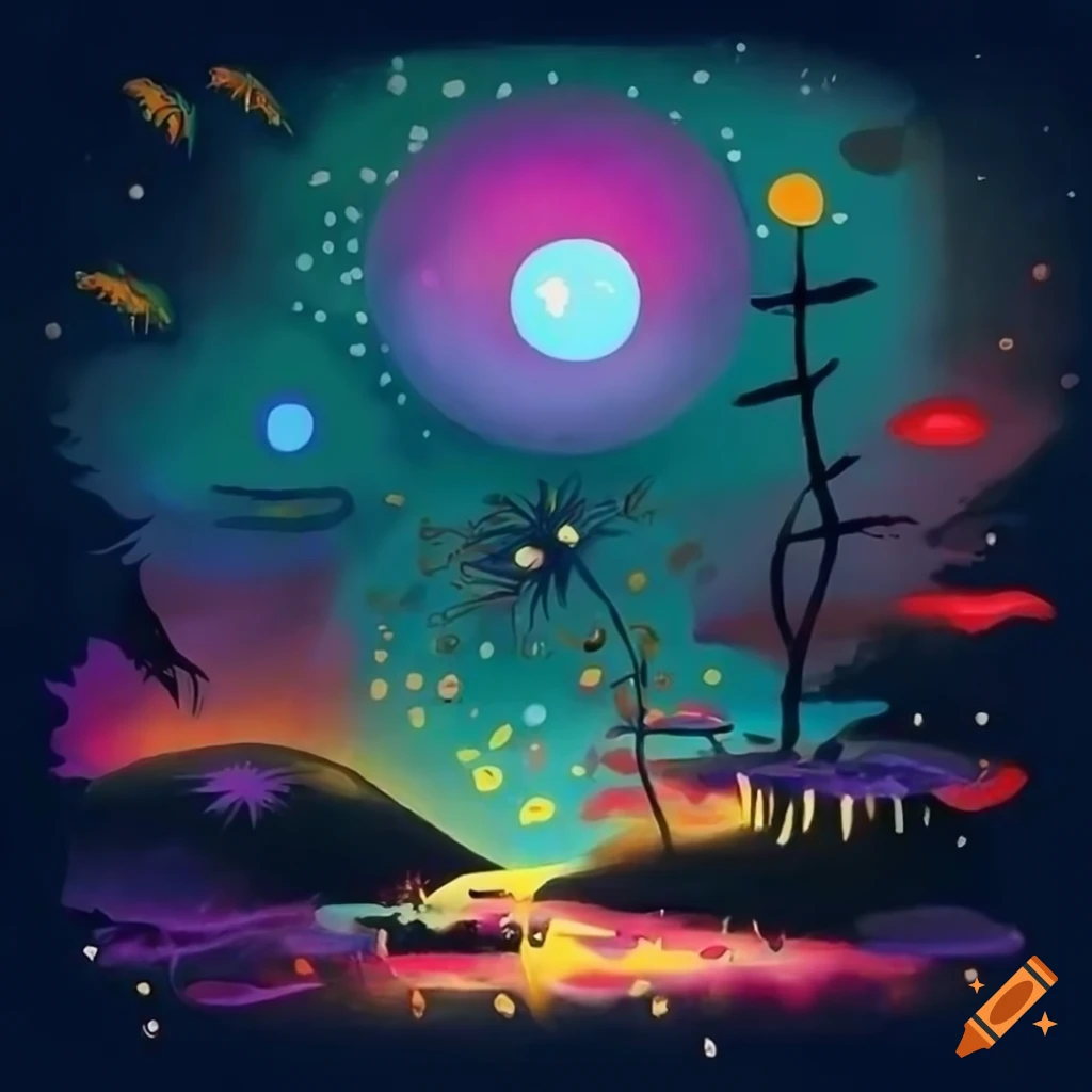 Abstract primitive art landscape with cosmos animals on Craiyon