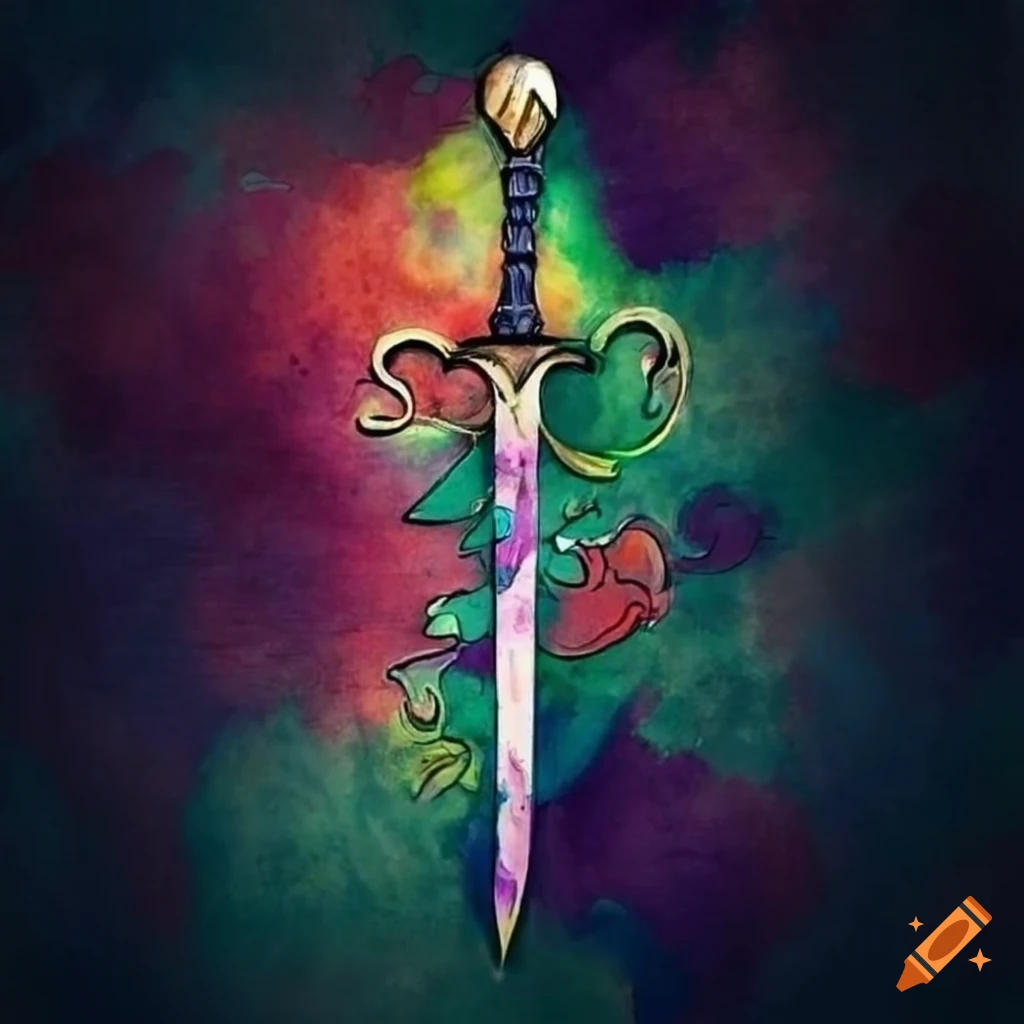 Intricate floral-designed sleek sword in watercolor on Craiyon