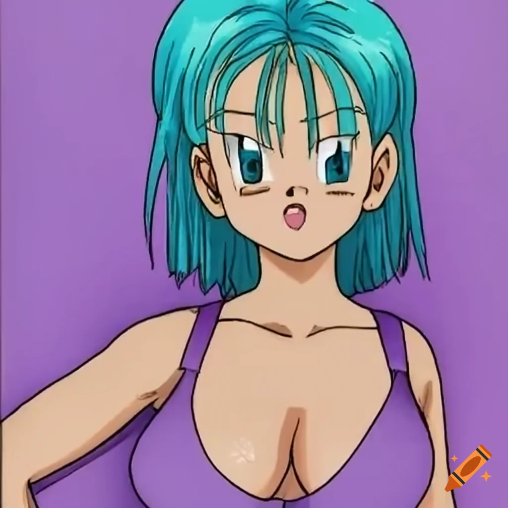 Bulma Briefs With Turquoise Hair In A Purple Outfit Laying In Bed On Craiyon