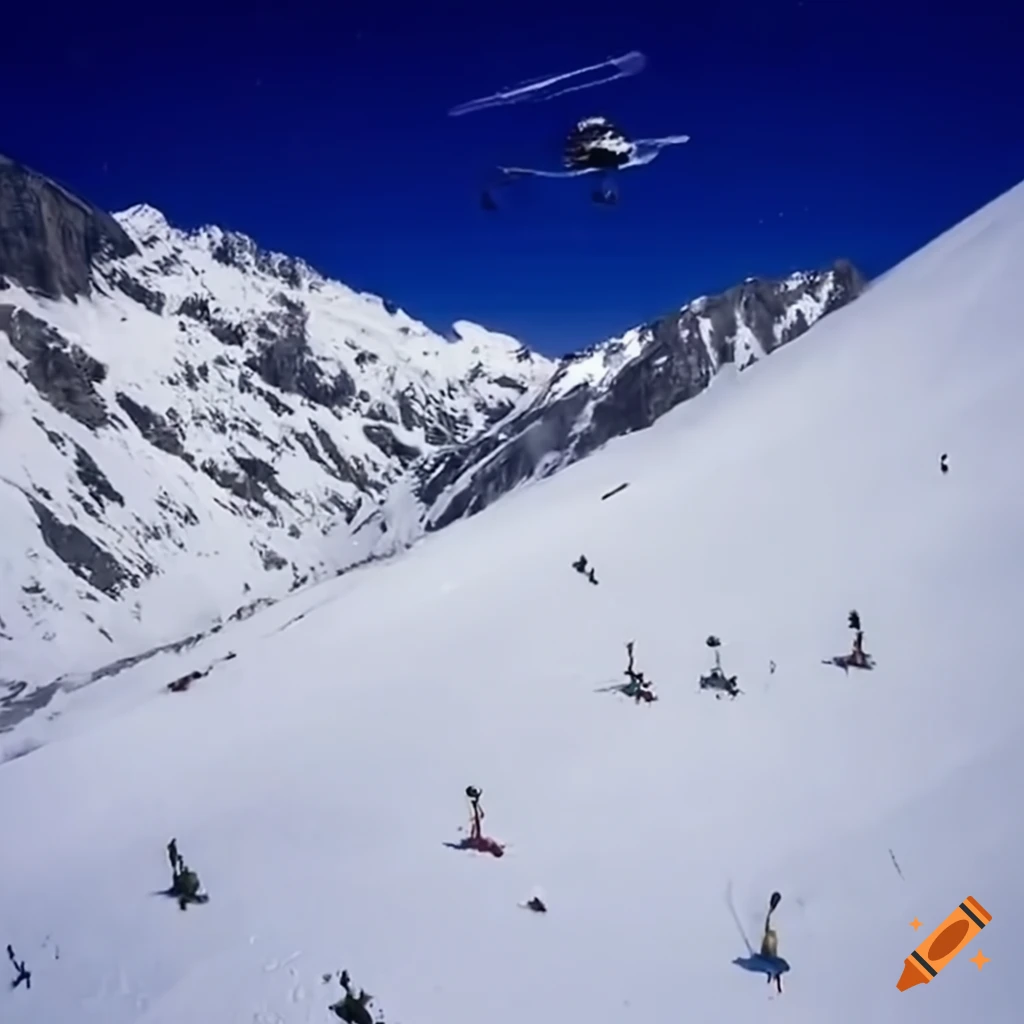 Aerial search and rescue scene of a snow avalanche with figures waving ...