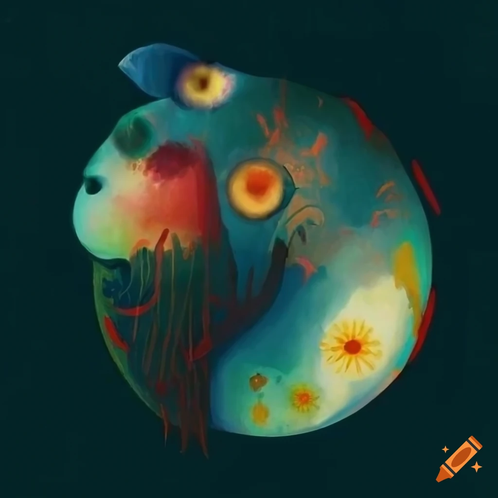 Abstract primitive art depicting a cosmos landscape with animals on Craiyon