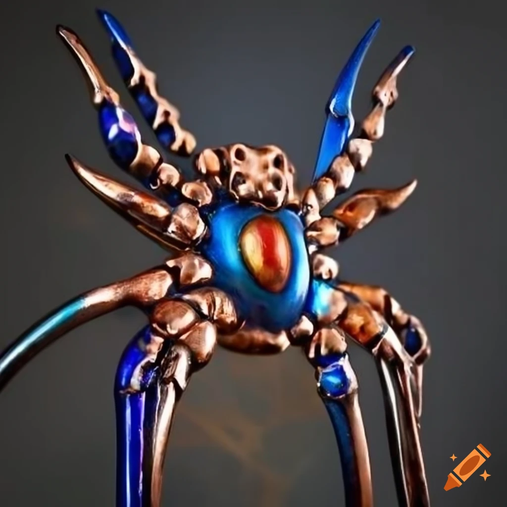 Metallic tribal design with blue, yellow, and red joro spider carving ...