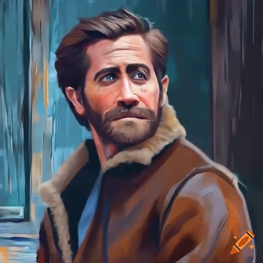 Jake gyllenhaal look-alike in aged brown sheepskin bomber jacket and ...