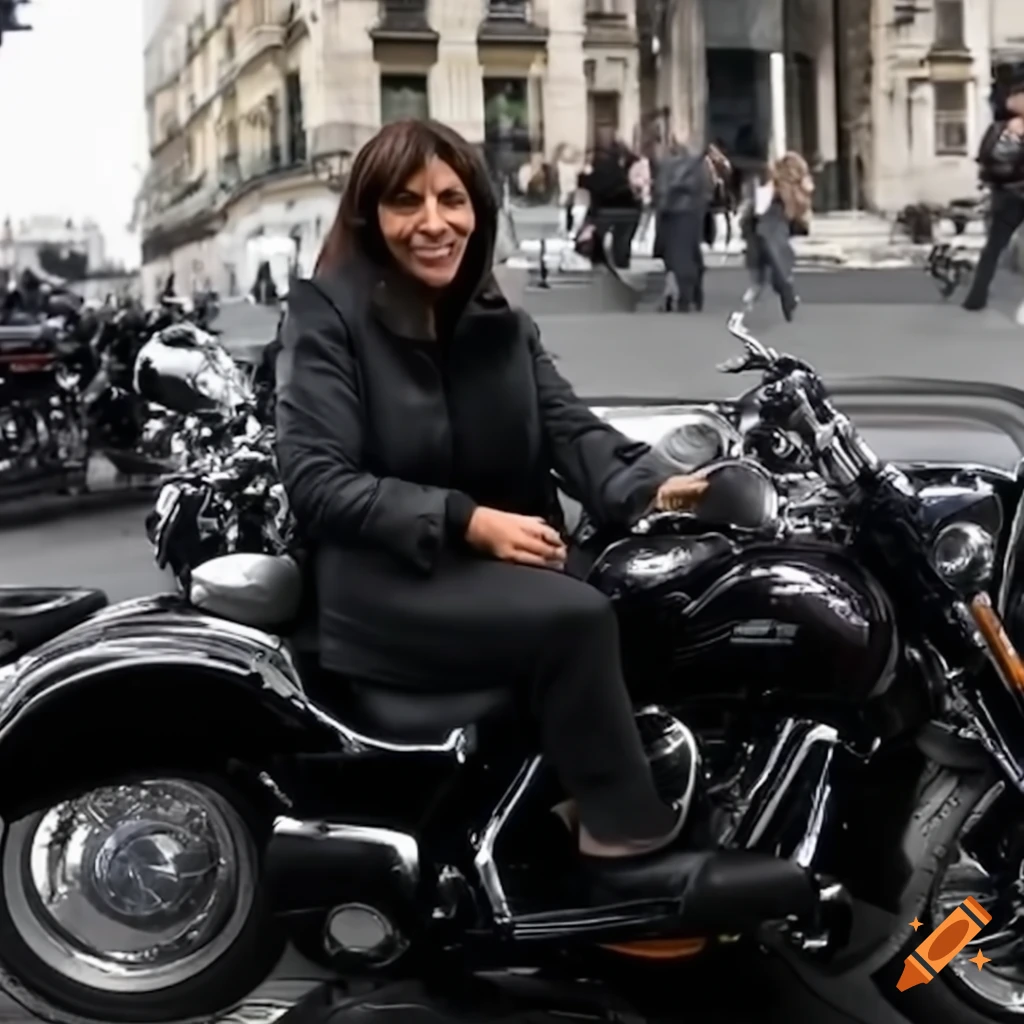 Anne Hidalgo riding a Harley-Davidson motorcycle in Paris with smoke on ...