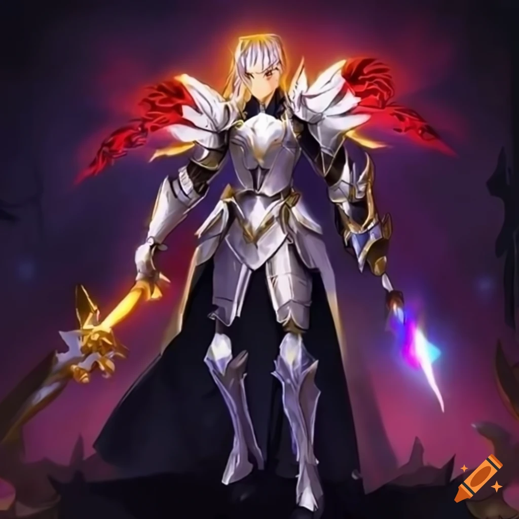 Anime angelic paladin knight in glowing platinum armor with silver vine ...