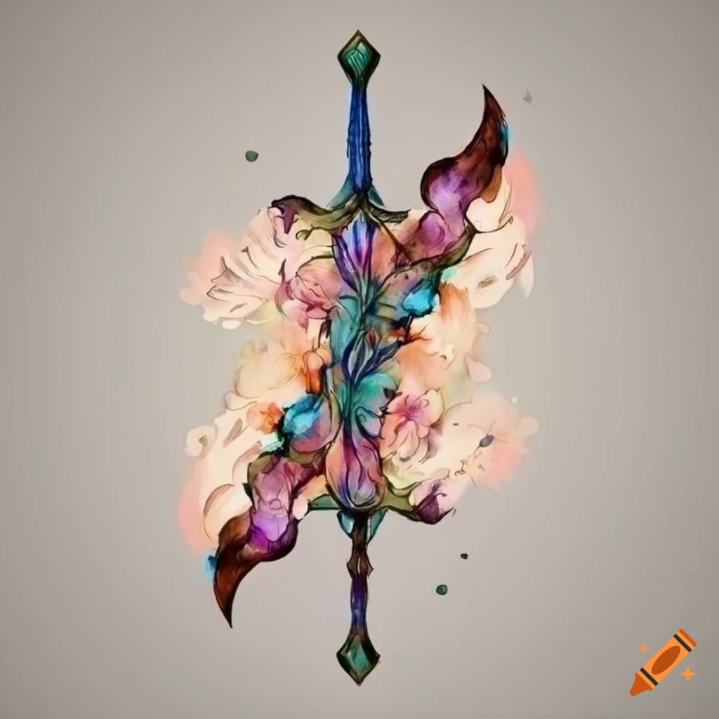 Intricate floral-designed sleek sword in watercolor on Craiyon