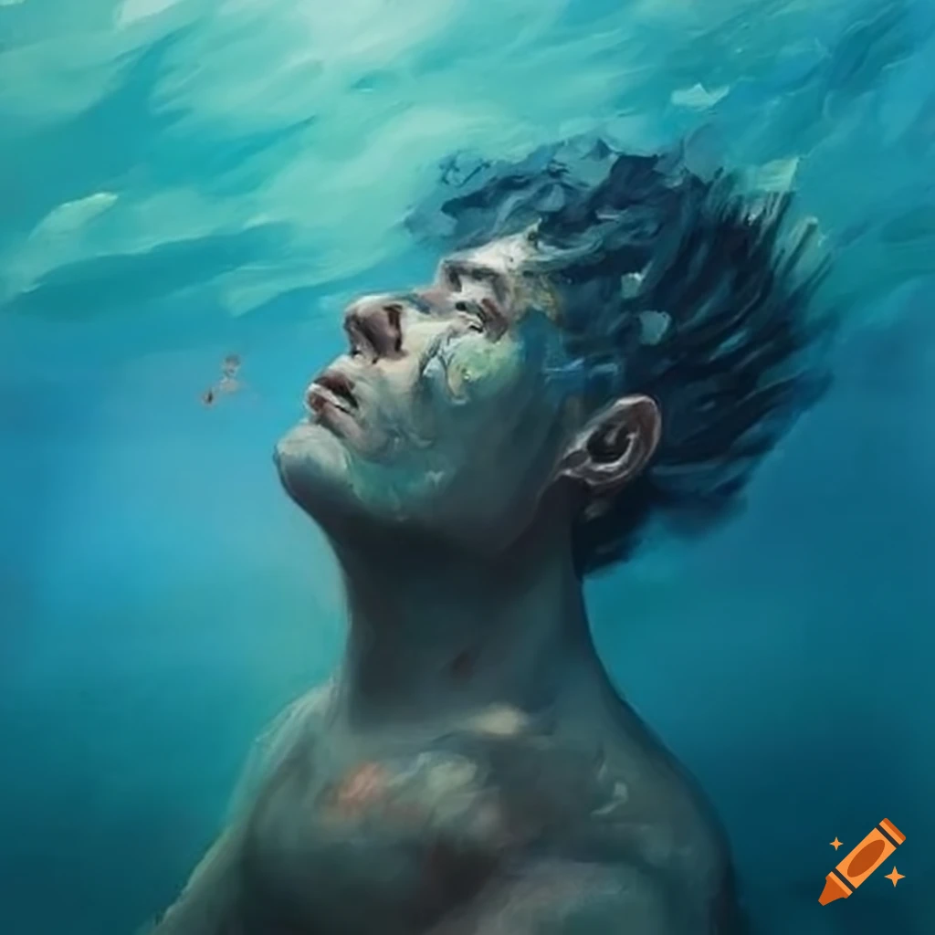 Man deep in thought with lower body in the sea, oil painting on Craiyon