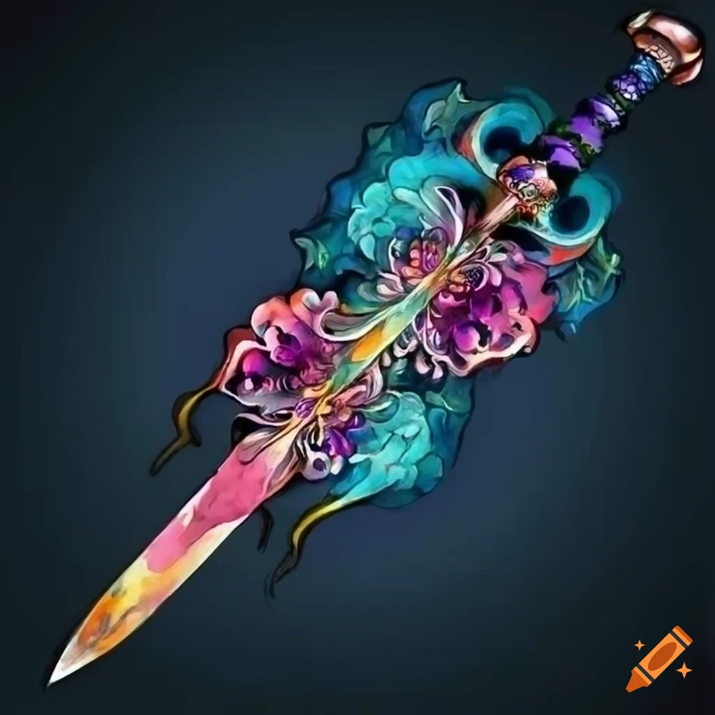 Intricate floral-designed sleek sword in watercolor on Craiyon