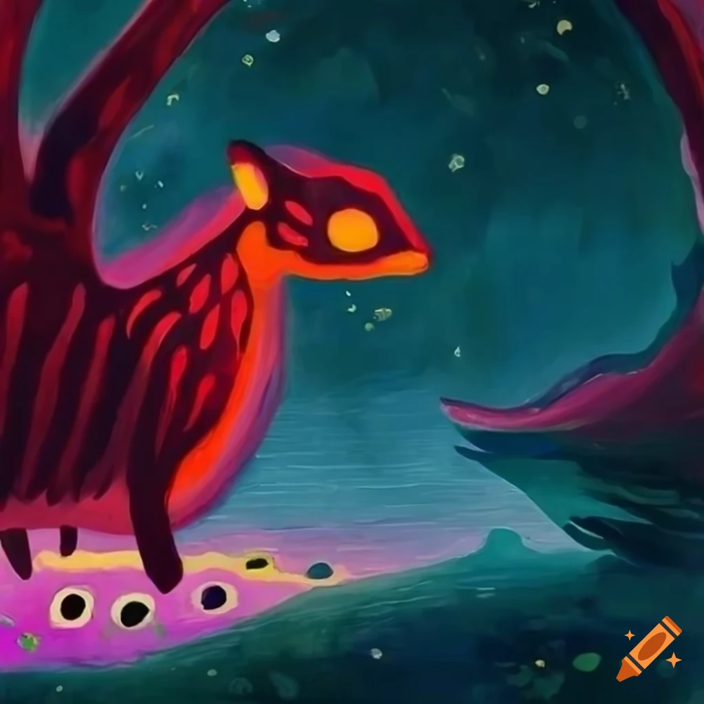 Abstract primitive art landscape with cosmos animals on Craiyon