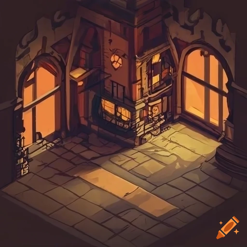 Isometric view of a spacious steampunk street alley on Craiyon