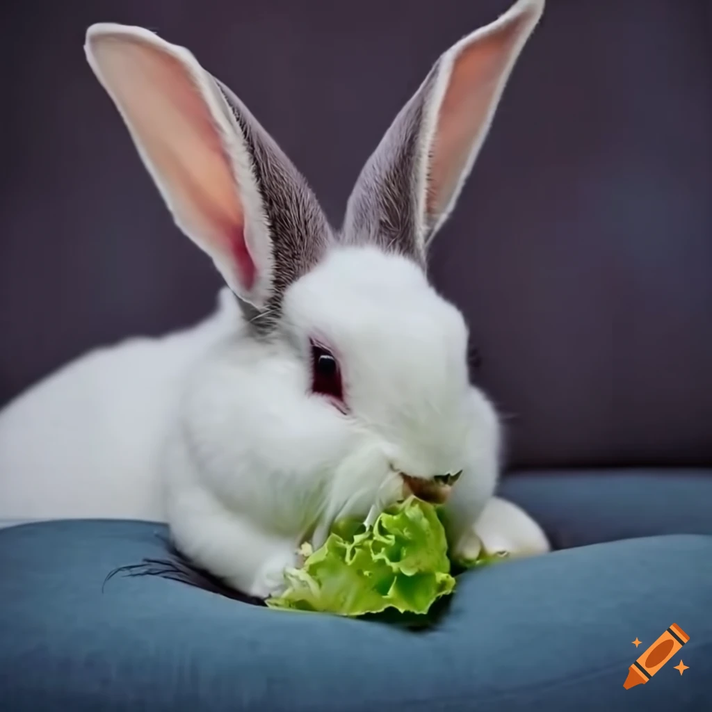 White rabbit with black eyeliner eating lettuce on a couch on Craiyon