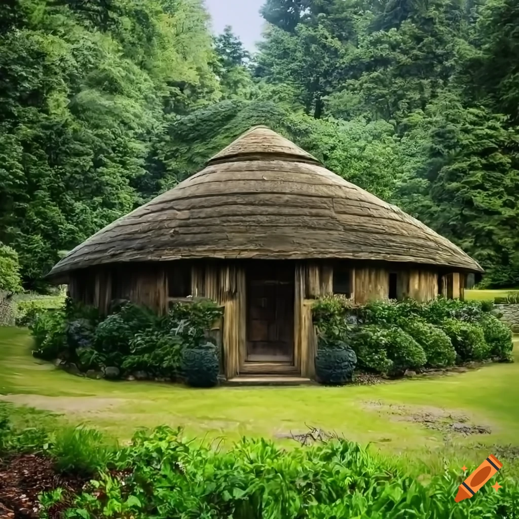 Celtic roundhouse with intricate carvings and lush garden in the forest ...
