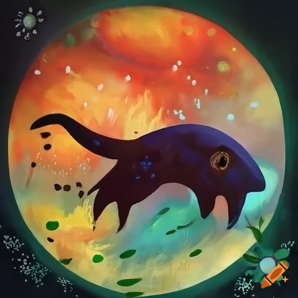 Abstract primitive art landscape with cosmos animals on Craiyon