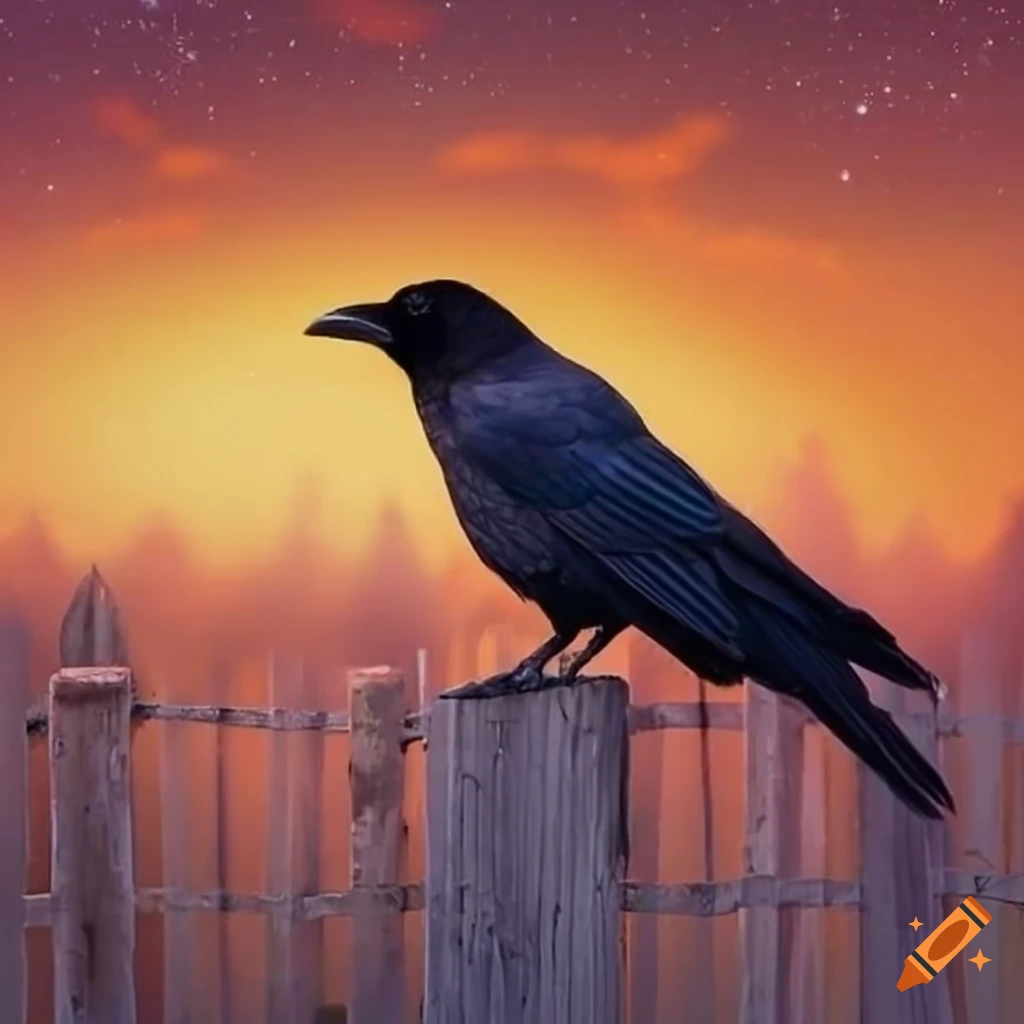 Crow on a fence under a misty orange sunrise with faint stars visible ...