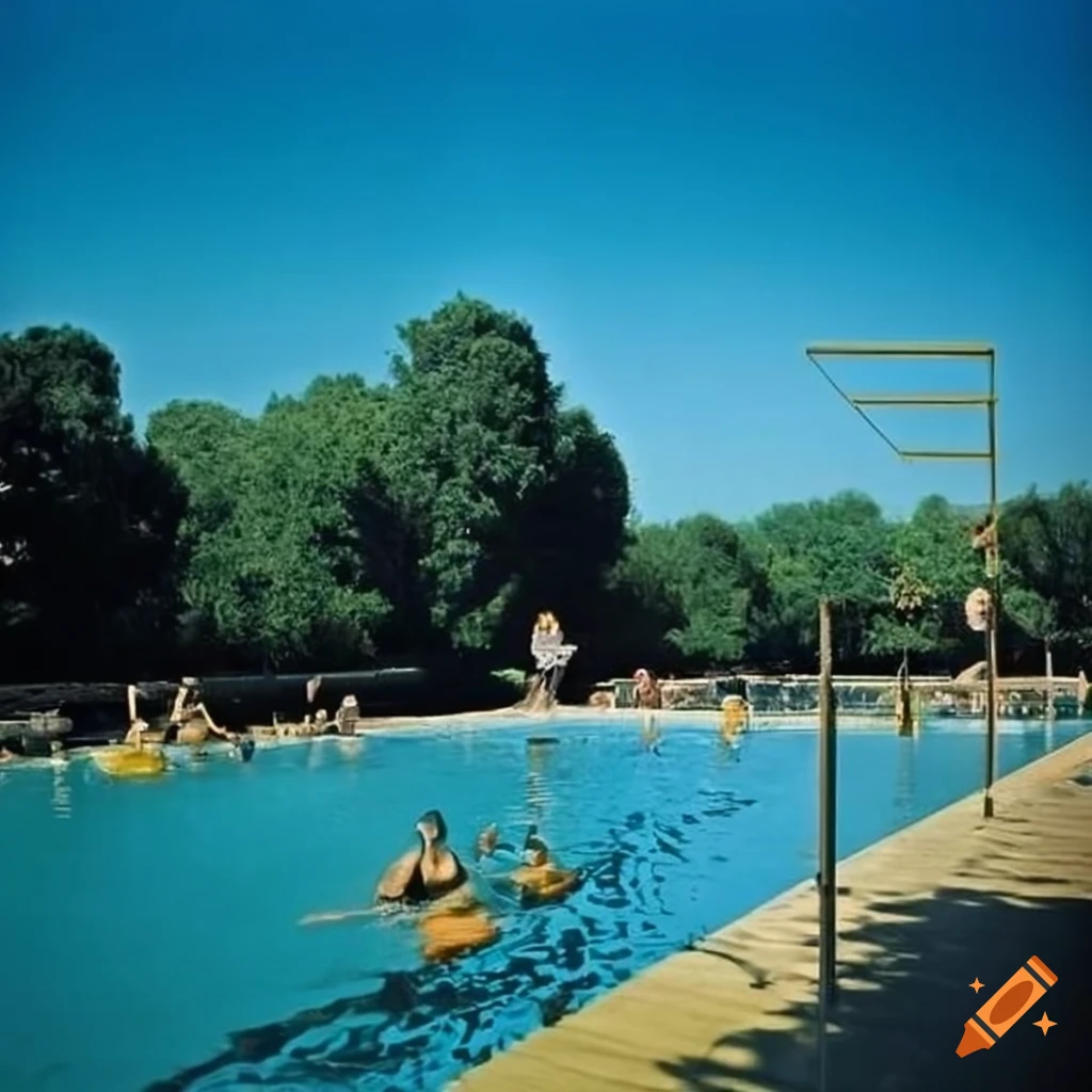 1970s outdoor public swimming pool in beautiful sunshine on Craiyon