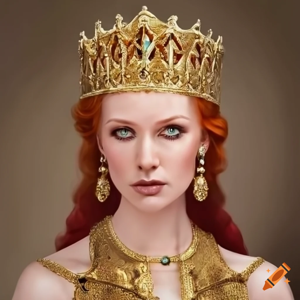 Medieval queen with red hair and green eyes in a golden gown on Craiyon