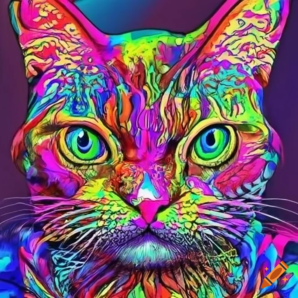 Colorful and trippy cat design in 1960's psychedelic style on Craiyon