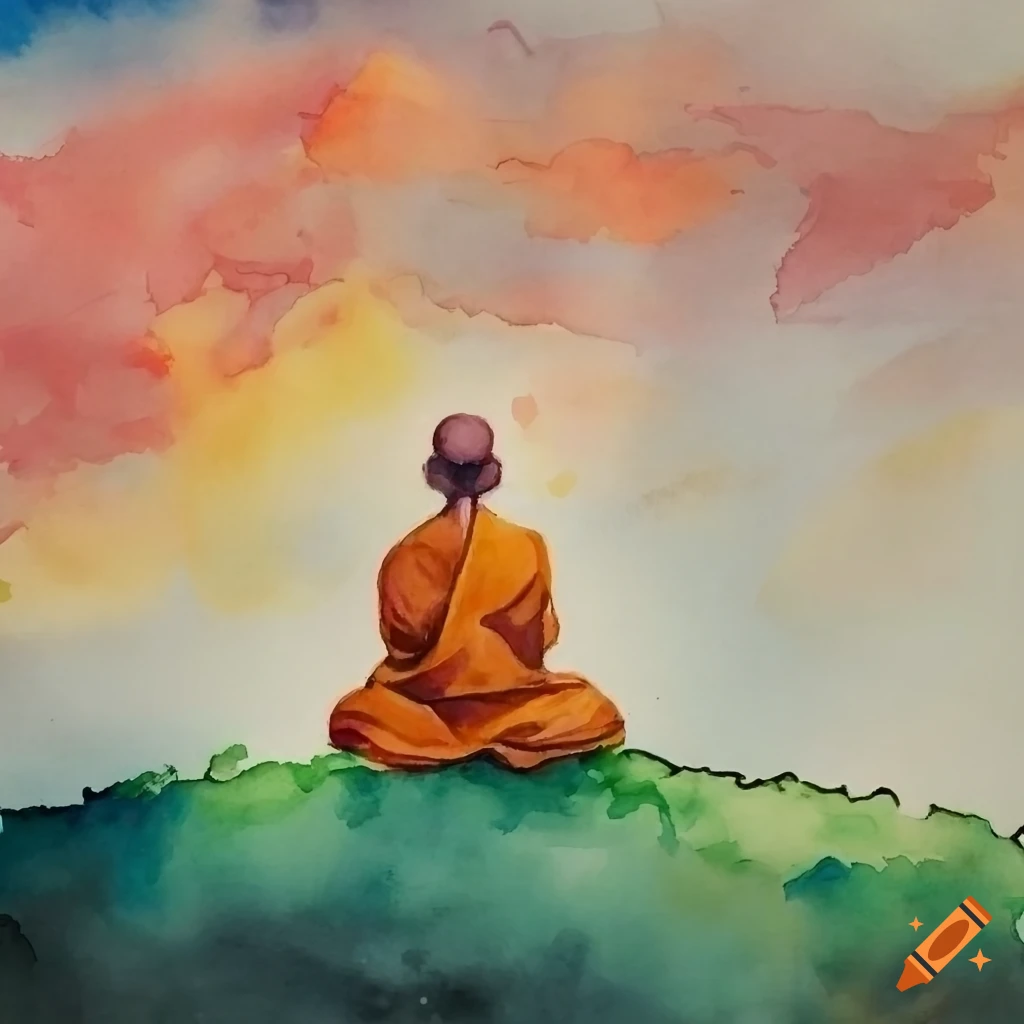 Monk meditating on a hill in a watercolor painting on Craiyon