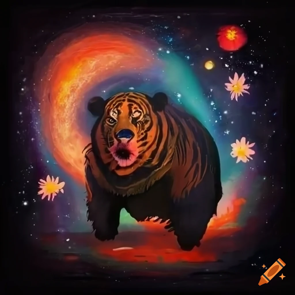 Abstract primitive art landscape depicting various animals in a cosmic ...