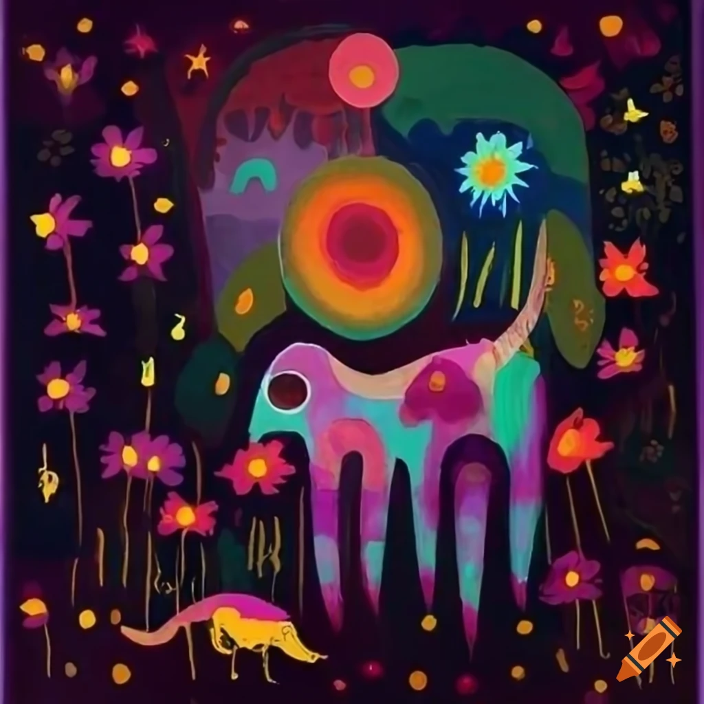 Abstract primitive art landscape with cosmos animals on Craiyon