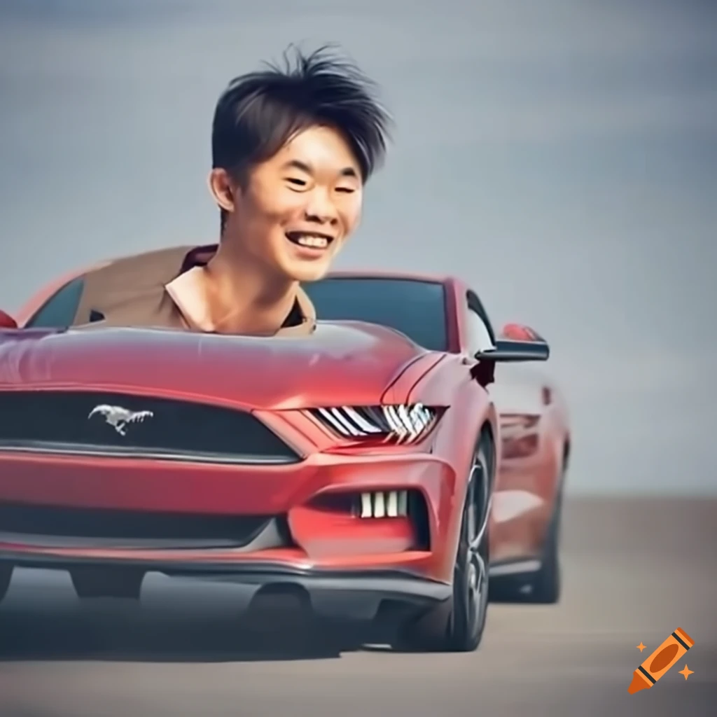 Happy chinese man driving a ford mustang on Craiyon