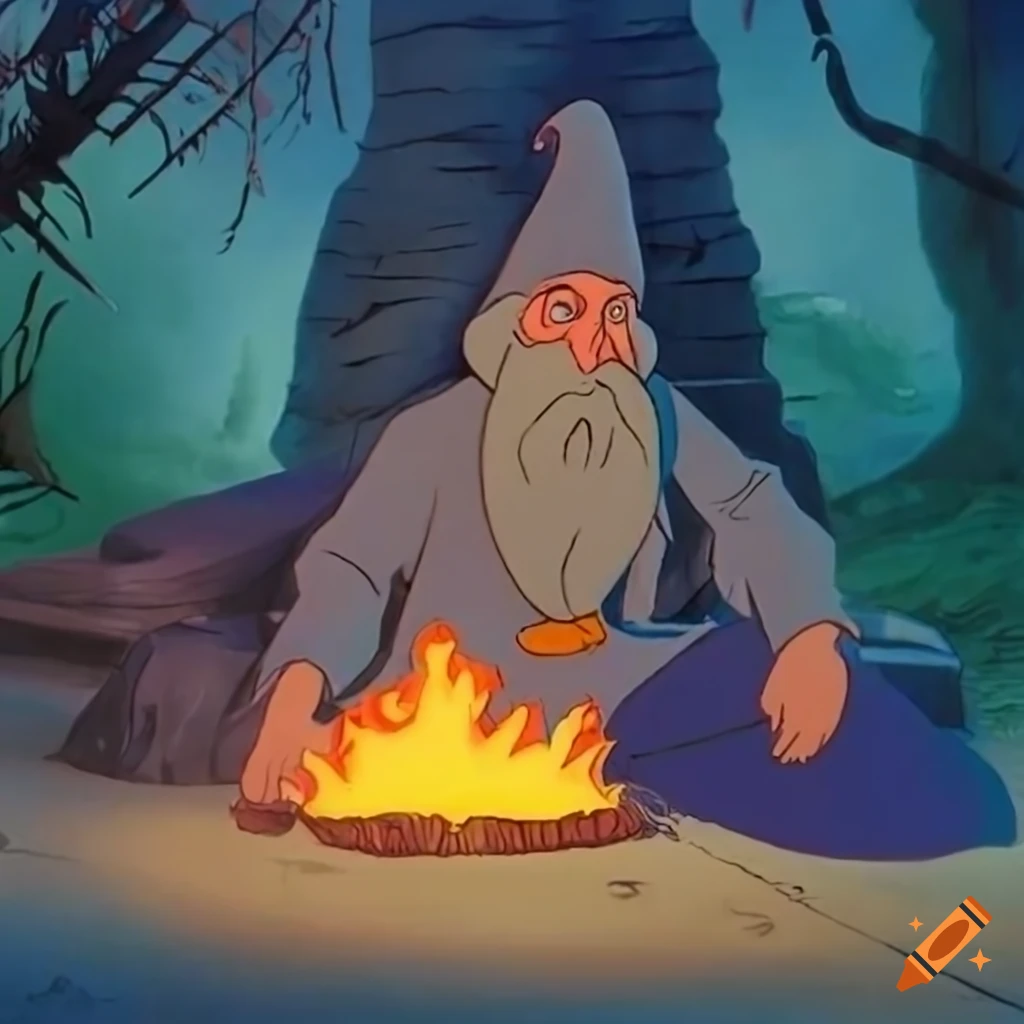 Wizard in grey robes near a campfire by ancient ruins in disney cel ...