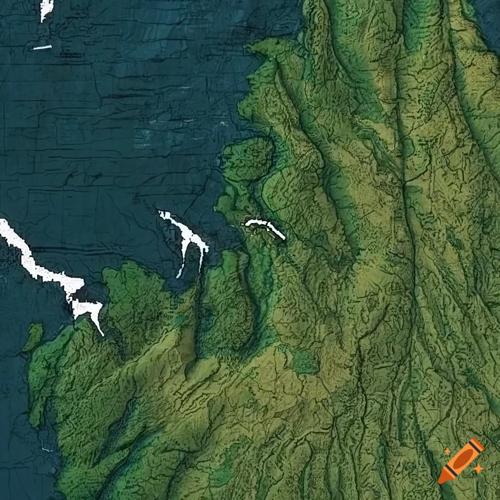 Topographic elevation map showing lake, mountains, streams, and forests ...