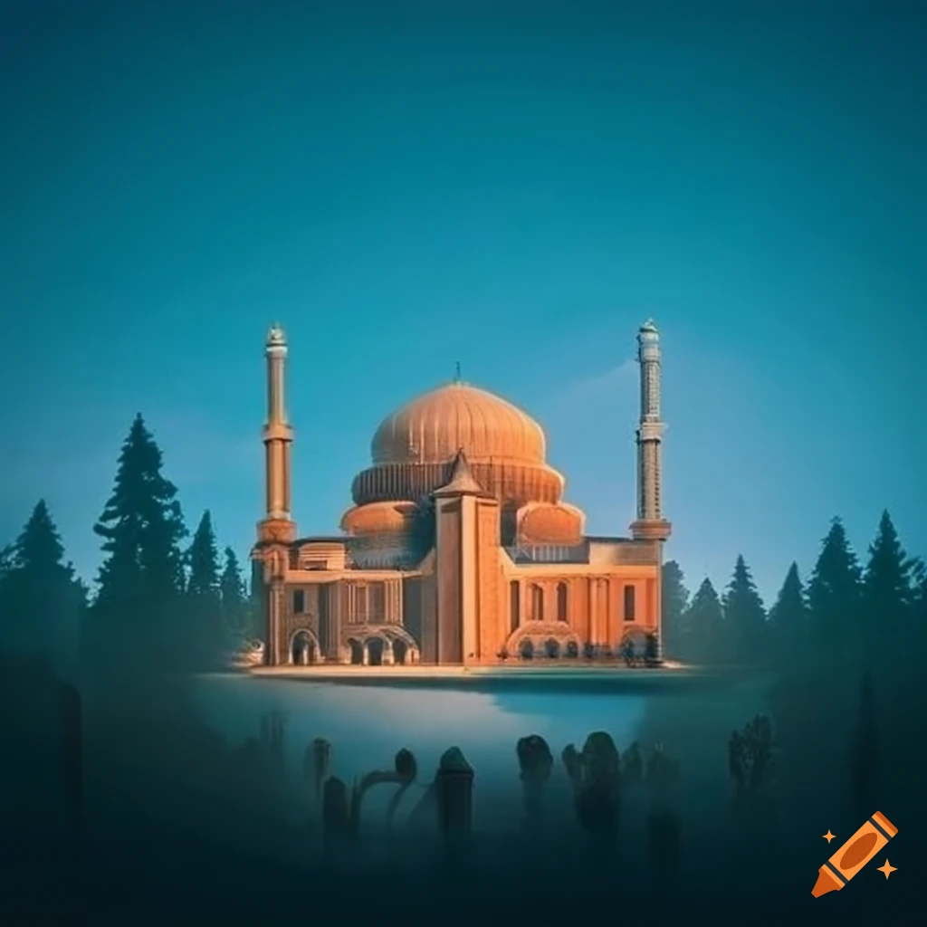 Single mosque in a forest under a sky on Craiyon