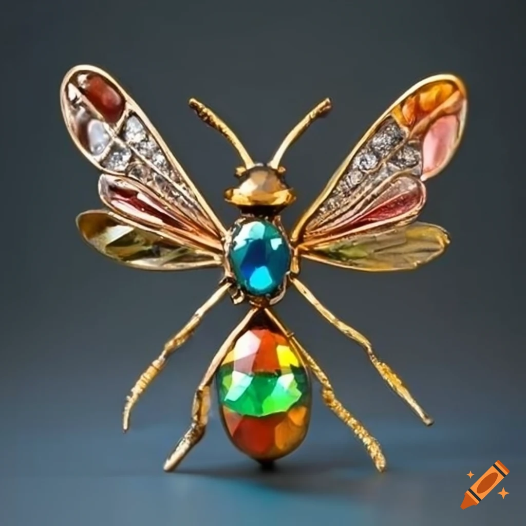 Bee wasp sculpture with colorful gemstone wings on Craiyon