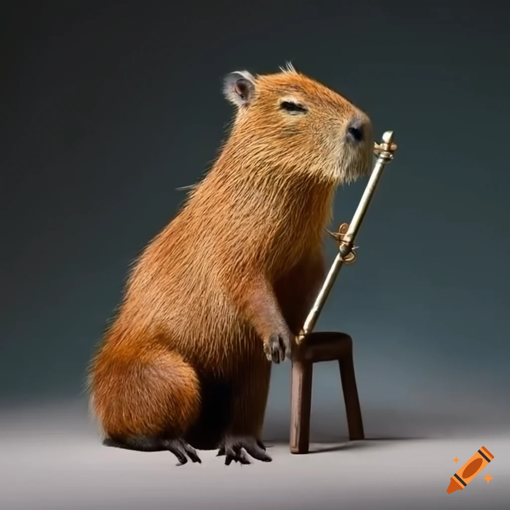 Capybara playing a transverse flute on a wooden stool on Craiyon