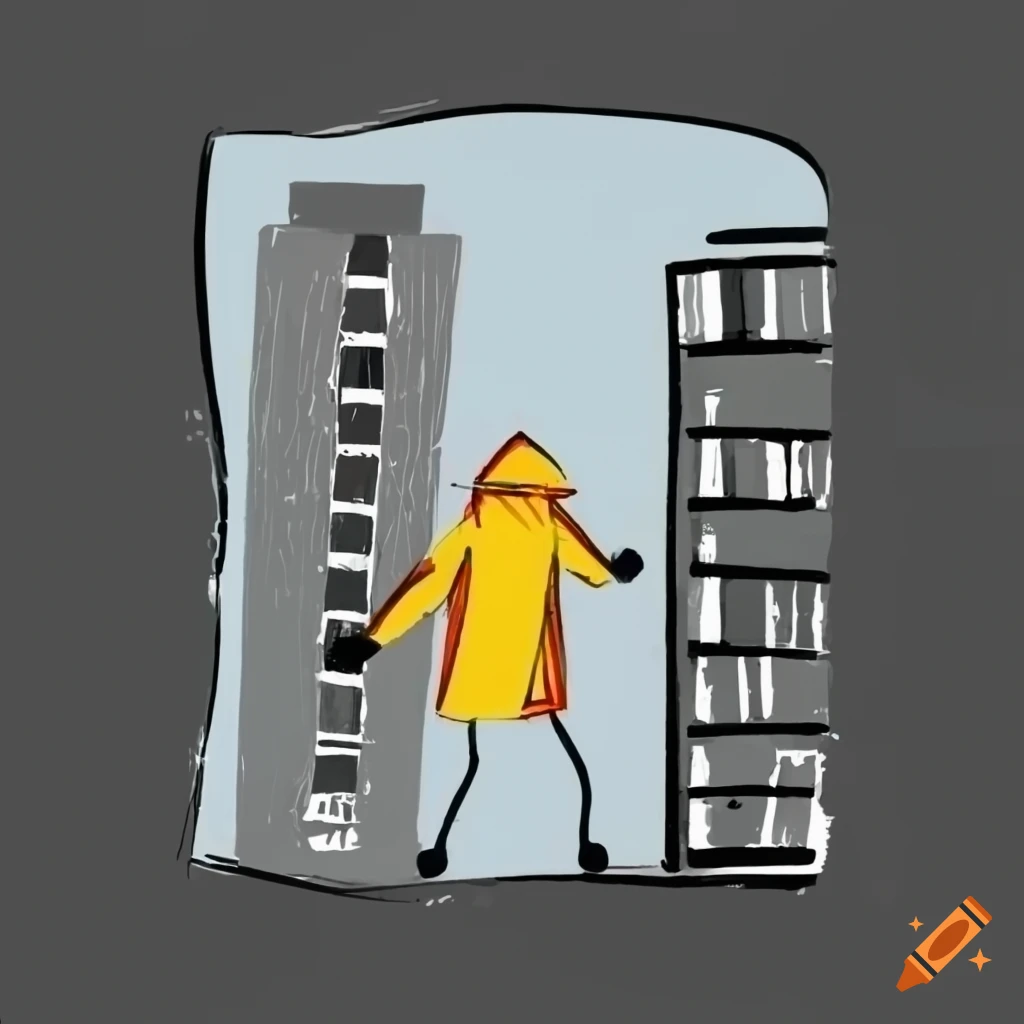 Stick figure in raincoat exploring the urban cityscape on Craiyon