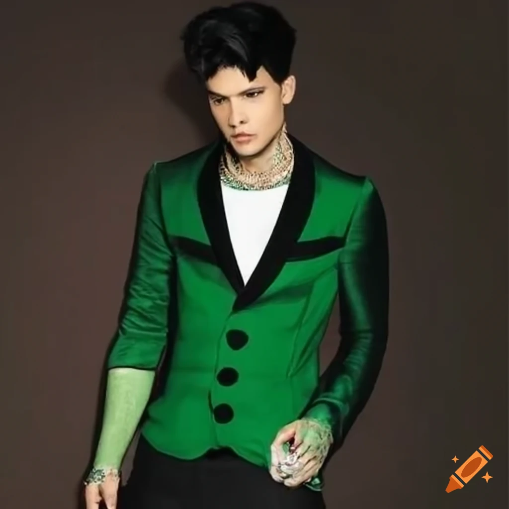 Black-haired male singer in green outfit on Craiyon