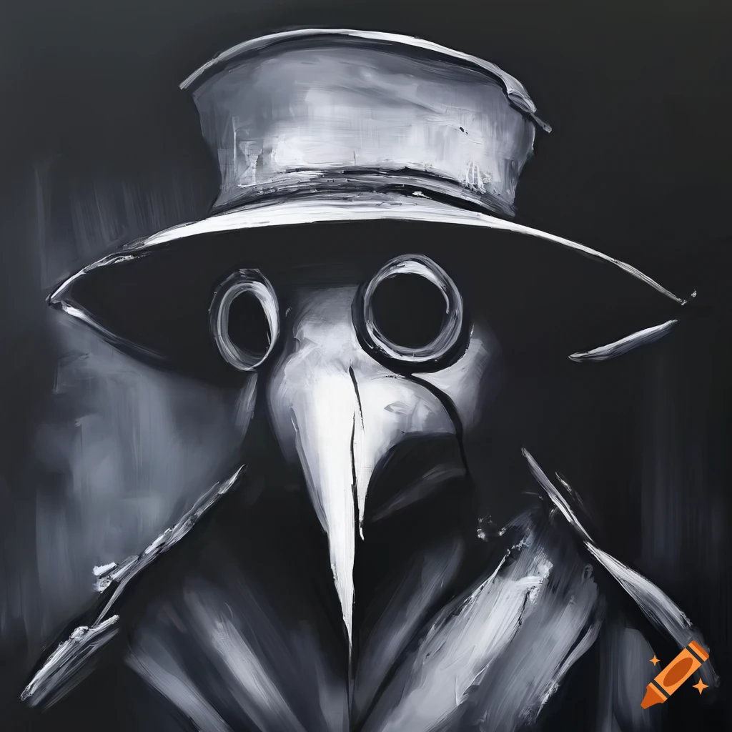 Abstract painting of a plague doctor with dark tones and loose brush ...