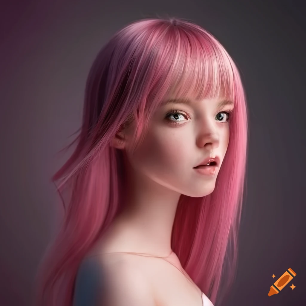 Beautiful girl with dimples and pink hair in close-up portrait on Craiyon