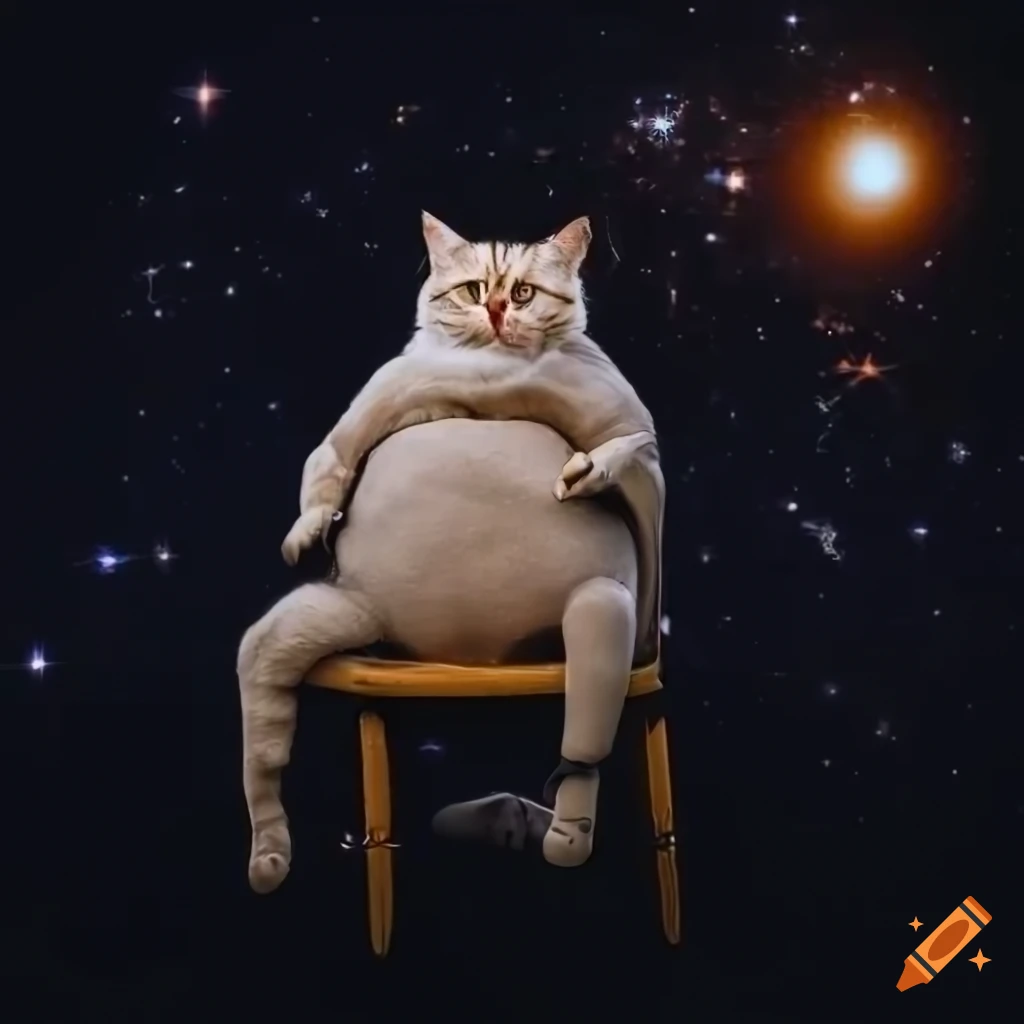 Fat cat with a humanoid head on a wheeled chair in space on Craiyon