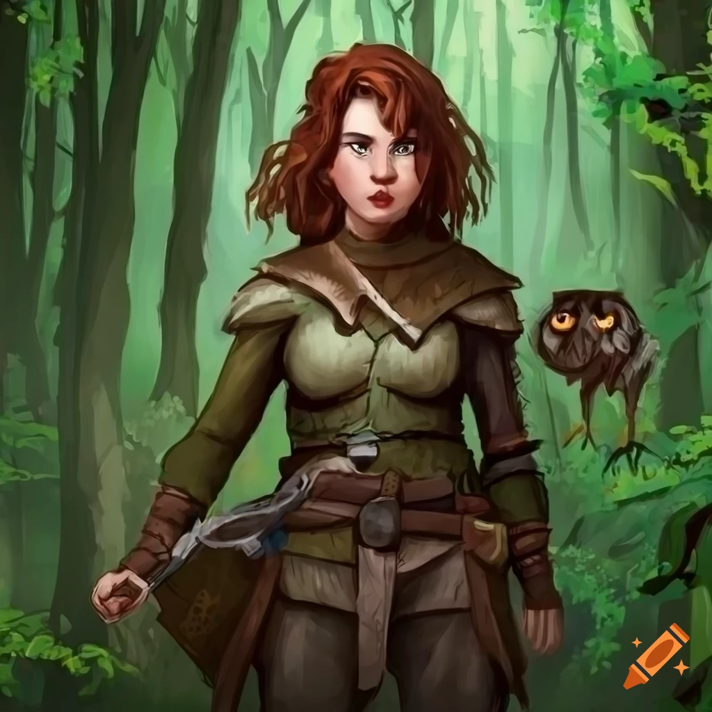 D&d human female ranger with brown hair and owl in the forest on Craiyon