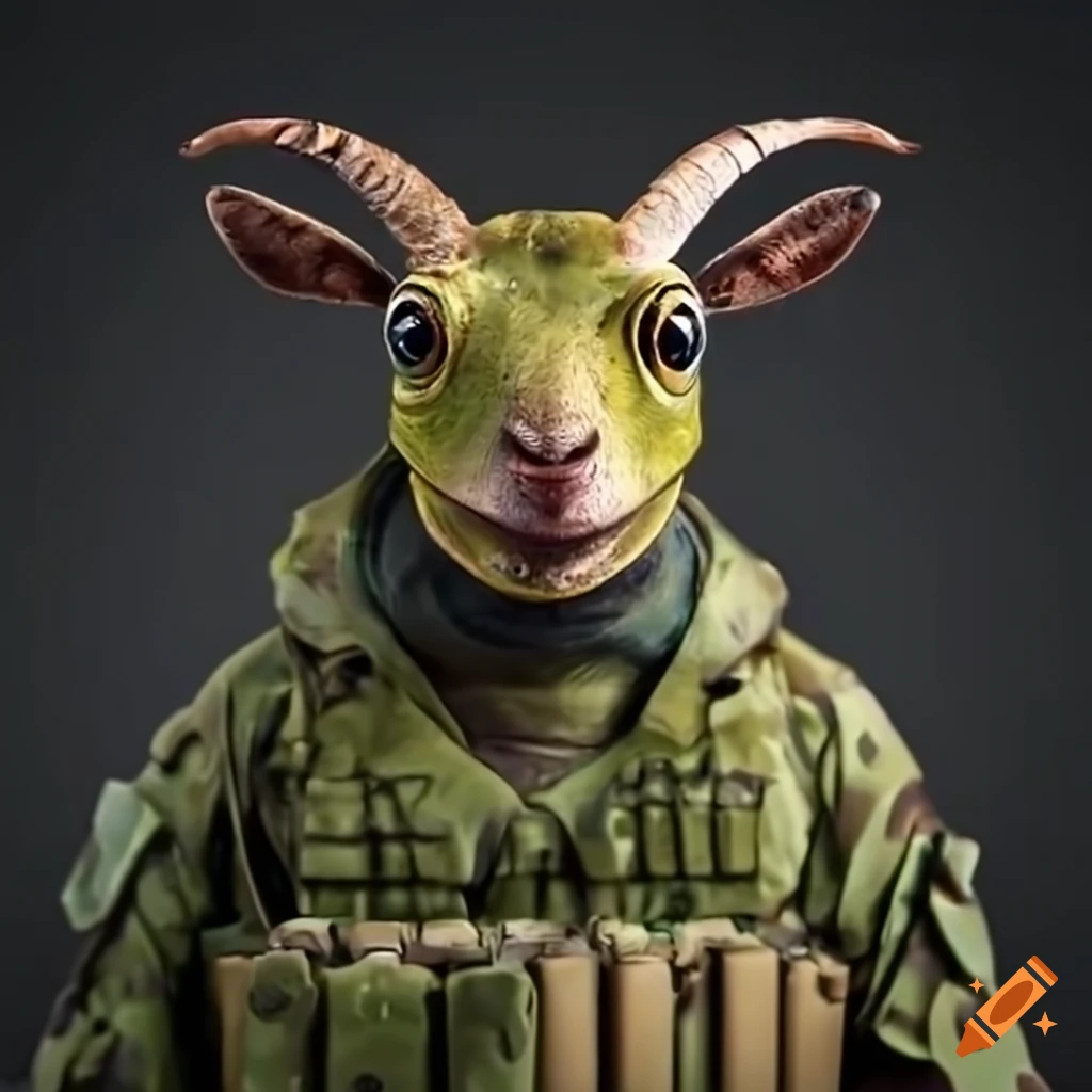 Realistic frog and goat in army fatigues in high definition on Craiyon