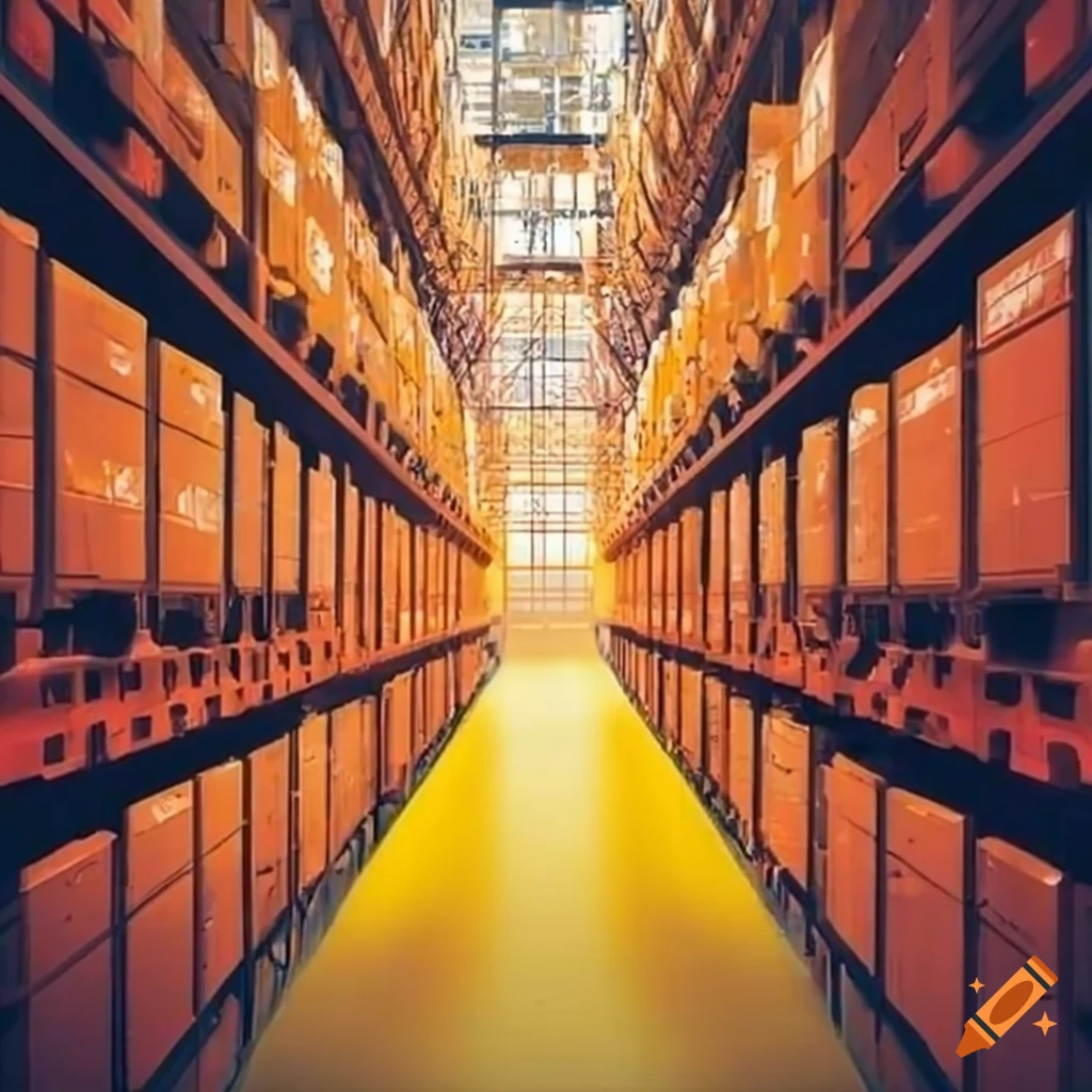 Warehouse environment with workers in orange workwear on Craiyon