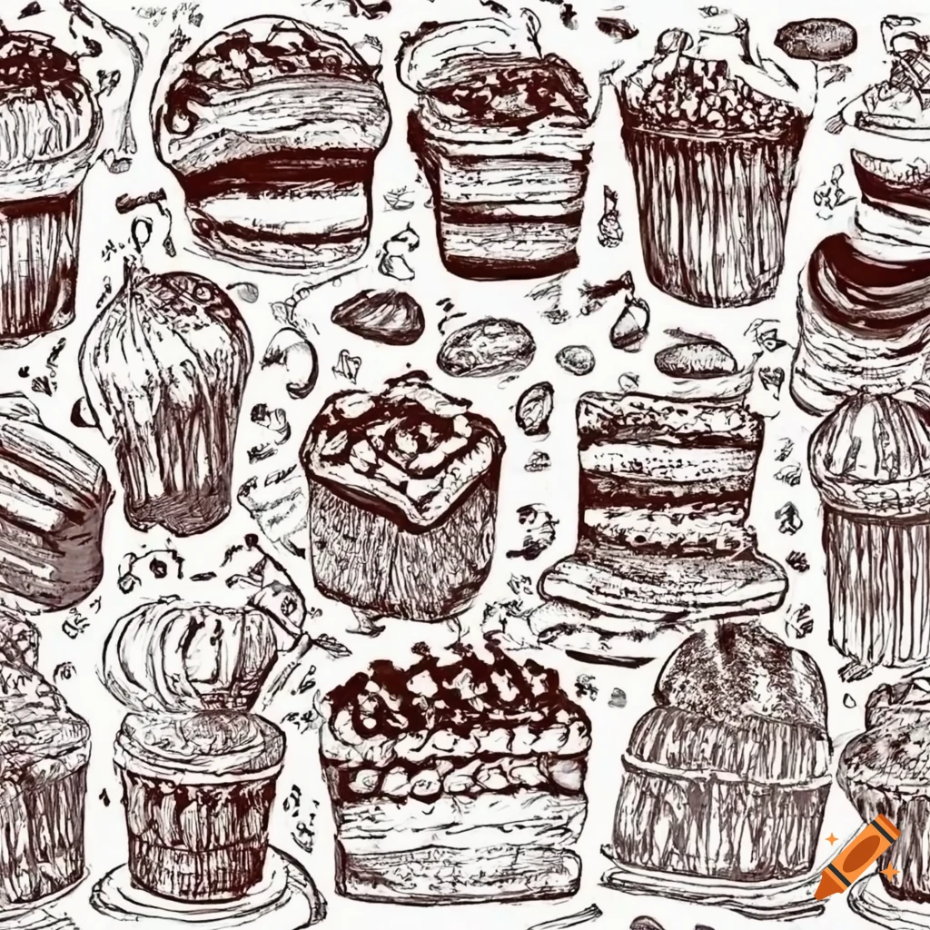 Sketch of baking many cakes collage on Craiyon