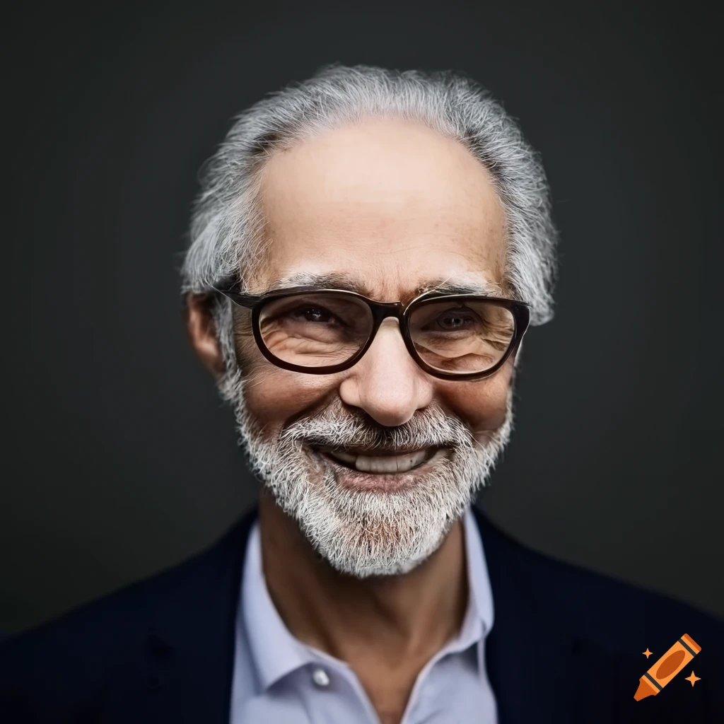 Smiling gray-haired professor with glasses in his sixties on Craiyon