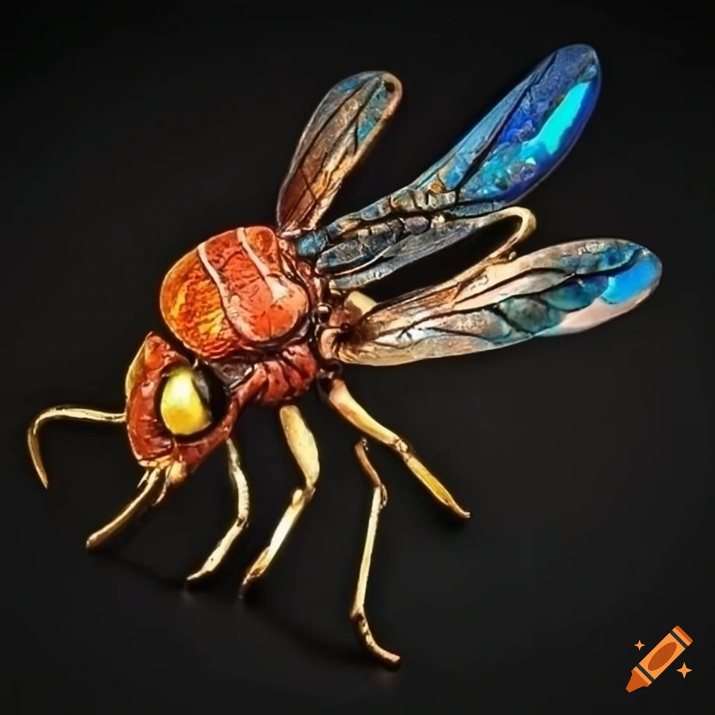Bee wasp with copper metal plating and gemstone wings in red, yellow ...