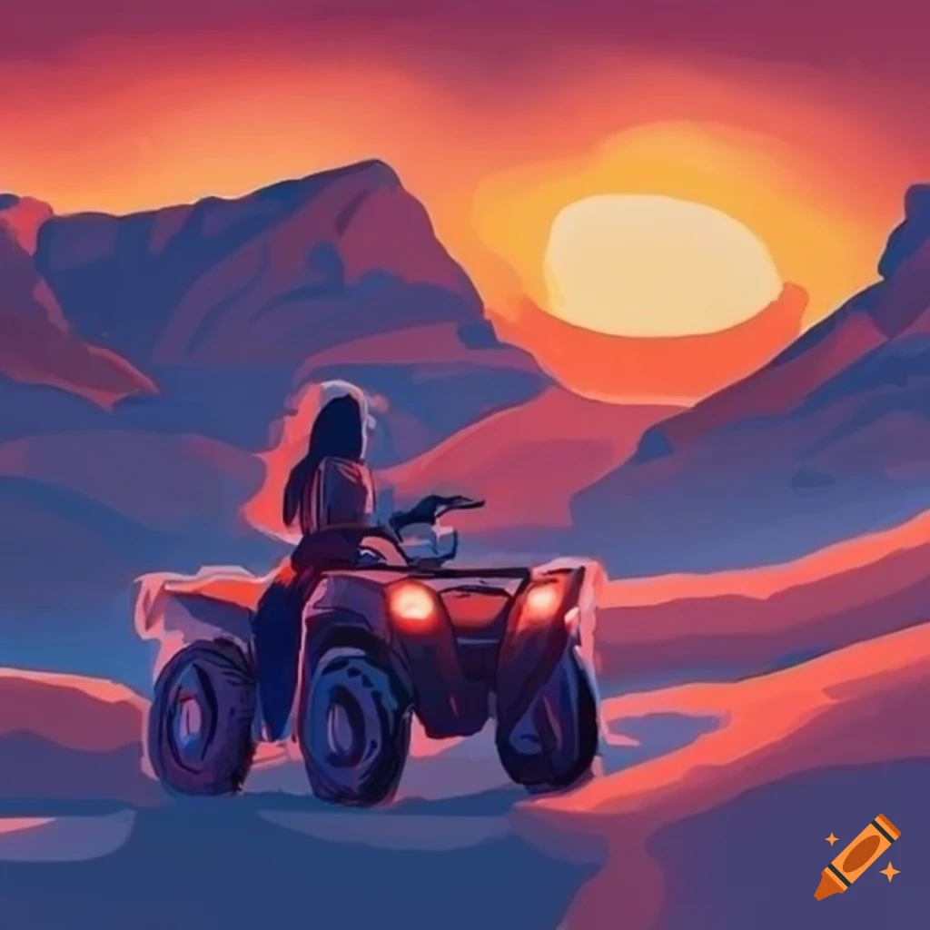 Quad bike in the desert at sunset on Craiyon