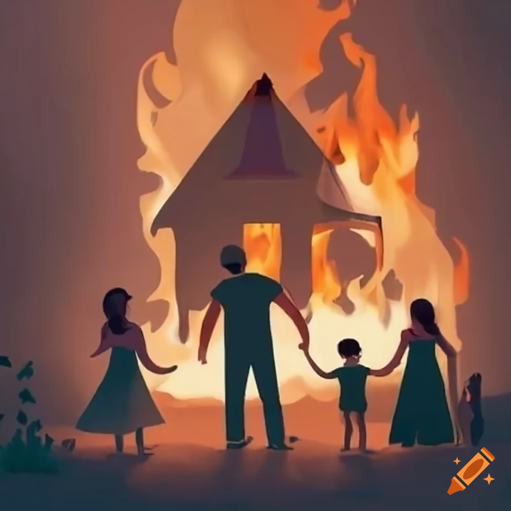 Family standing in front of a burning house on Craiyon