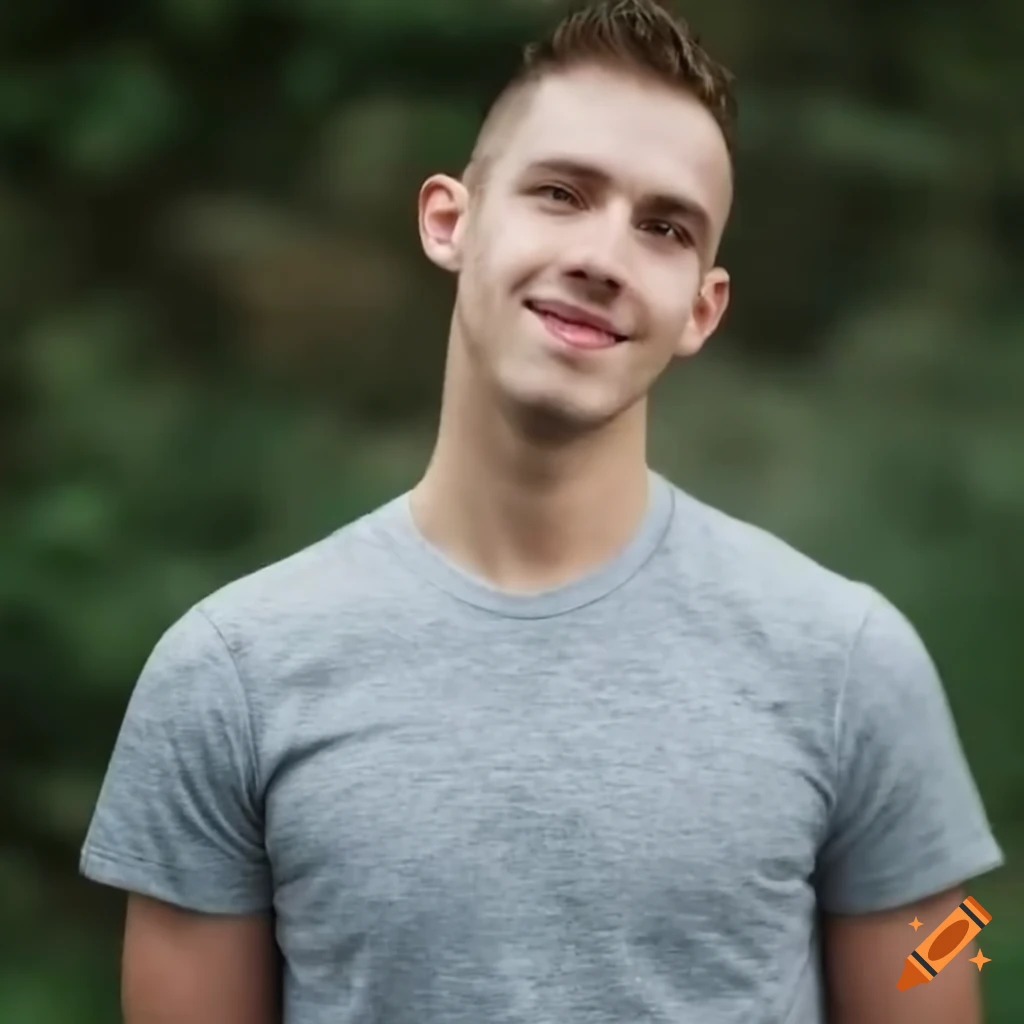 Handsome white guy in a heather gray t-shirt with neutral expression on ...
